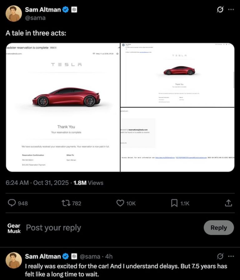 Sam Altman Can't Cancel His 2018 Tesla Roadster Order - Gear Musk